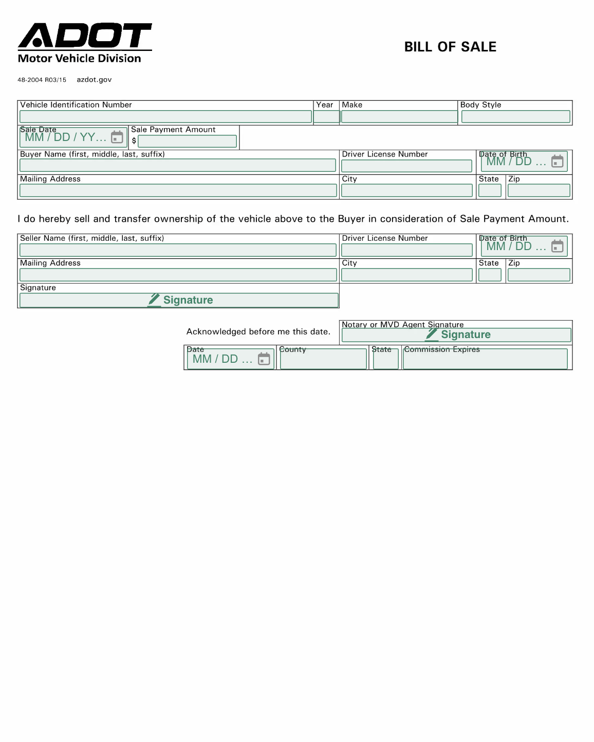 Arizona Vehicle Bill of Sale • BlueNotary