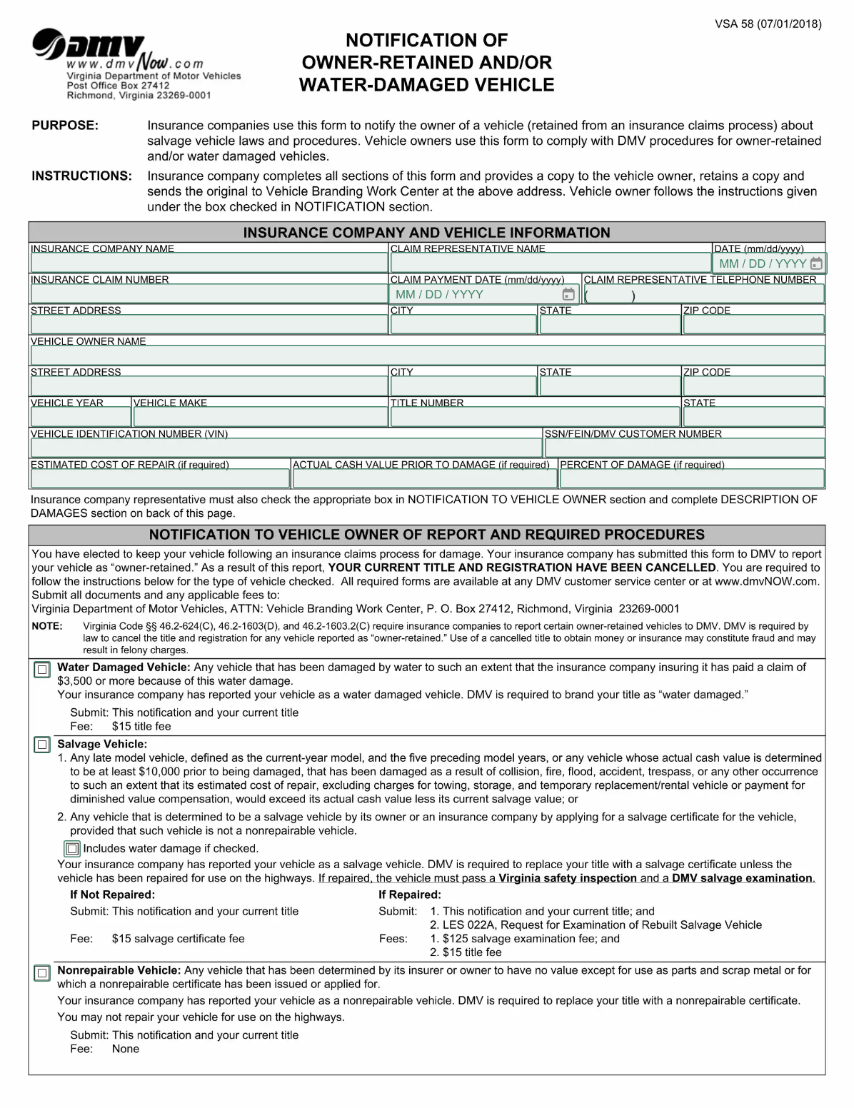 Virginia Owner Retained Vehicle (VSA-58) Template – BlueNotary