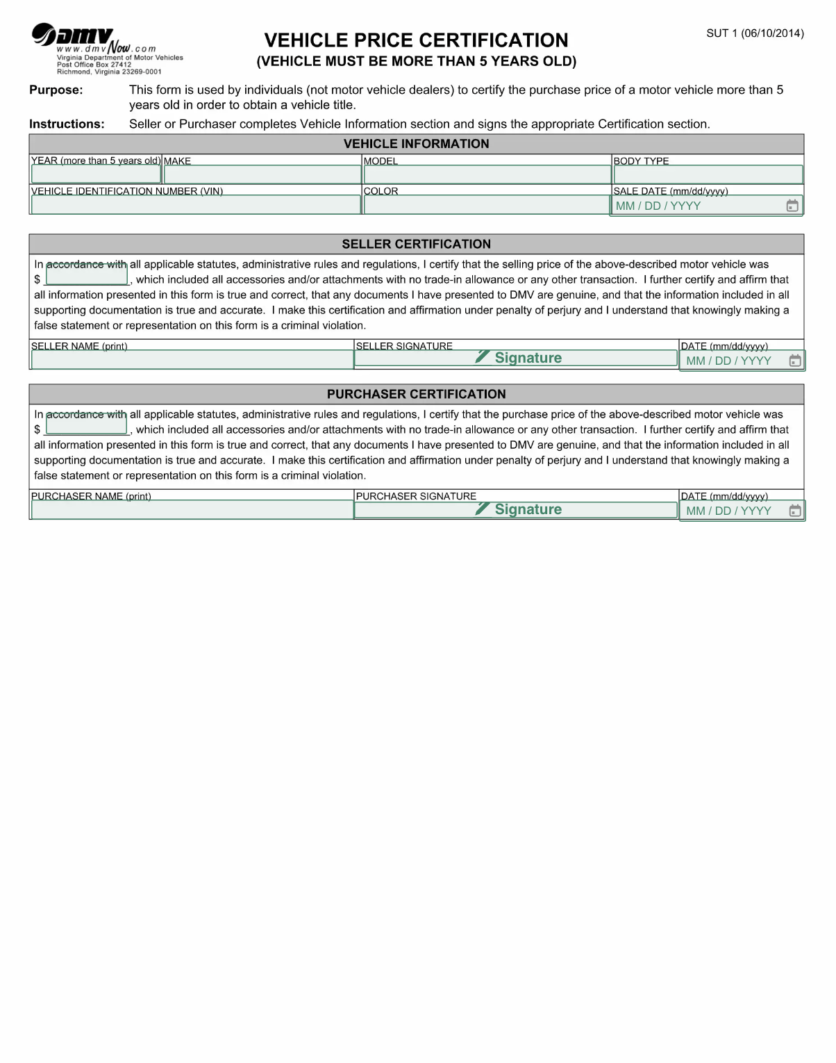Vehicle Price Certification Bill of Sale Template – BlueNotary