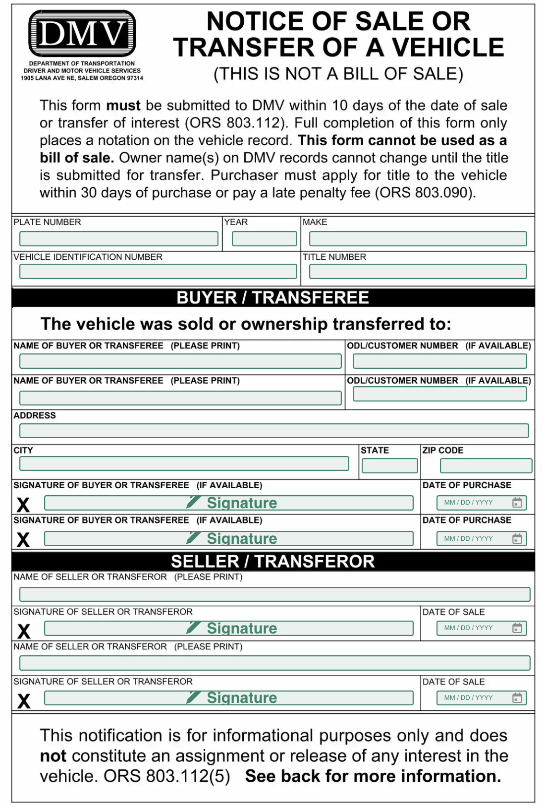 Oregon DMV Notice of Sale Online Template – BlueNotary