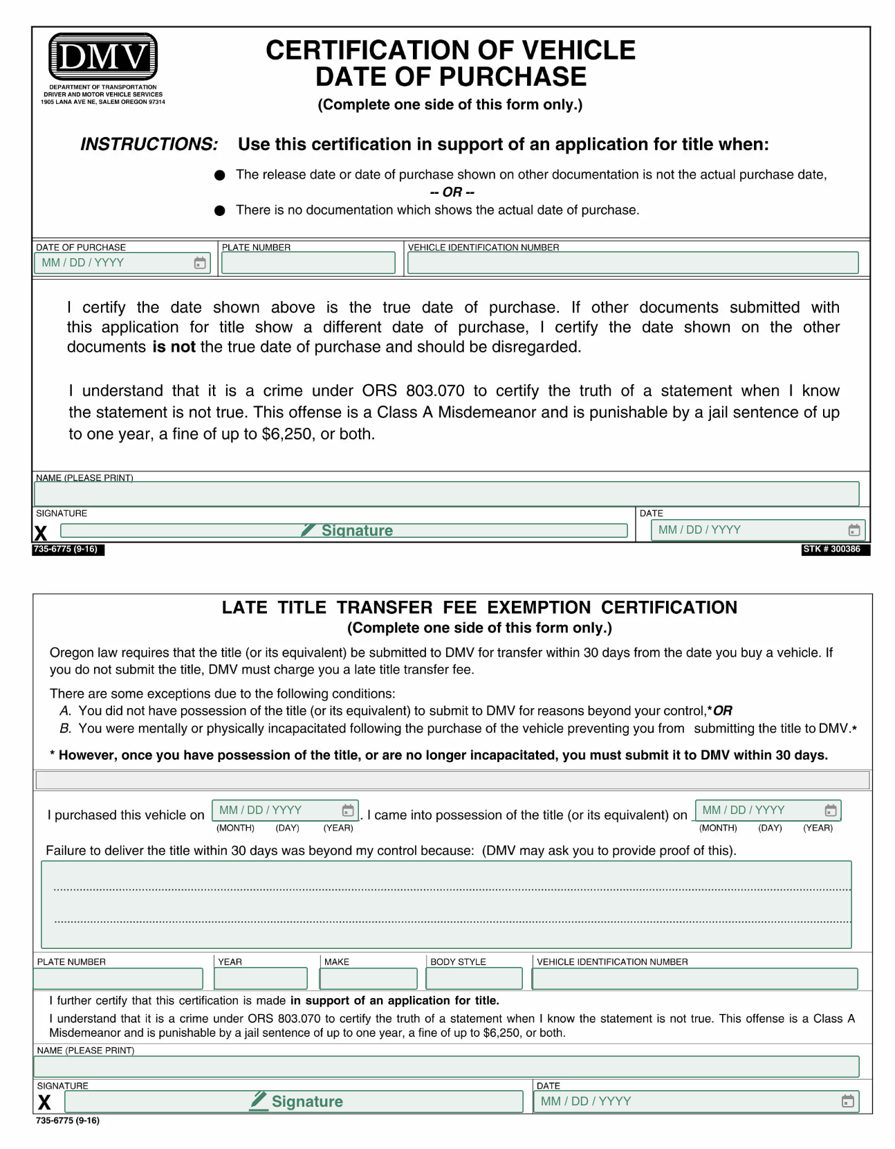 Oregon DMV Form 6775 Template – BlueNotary