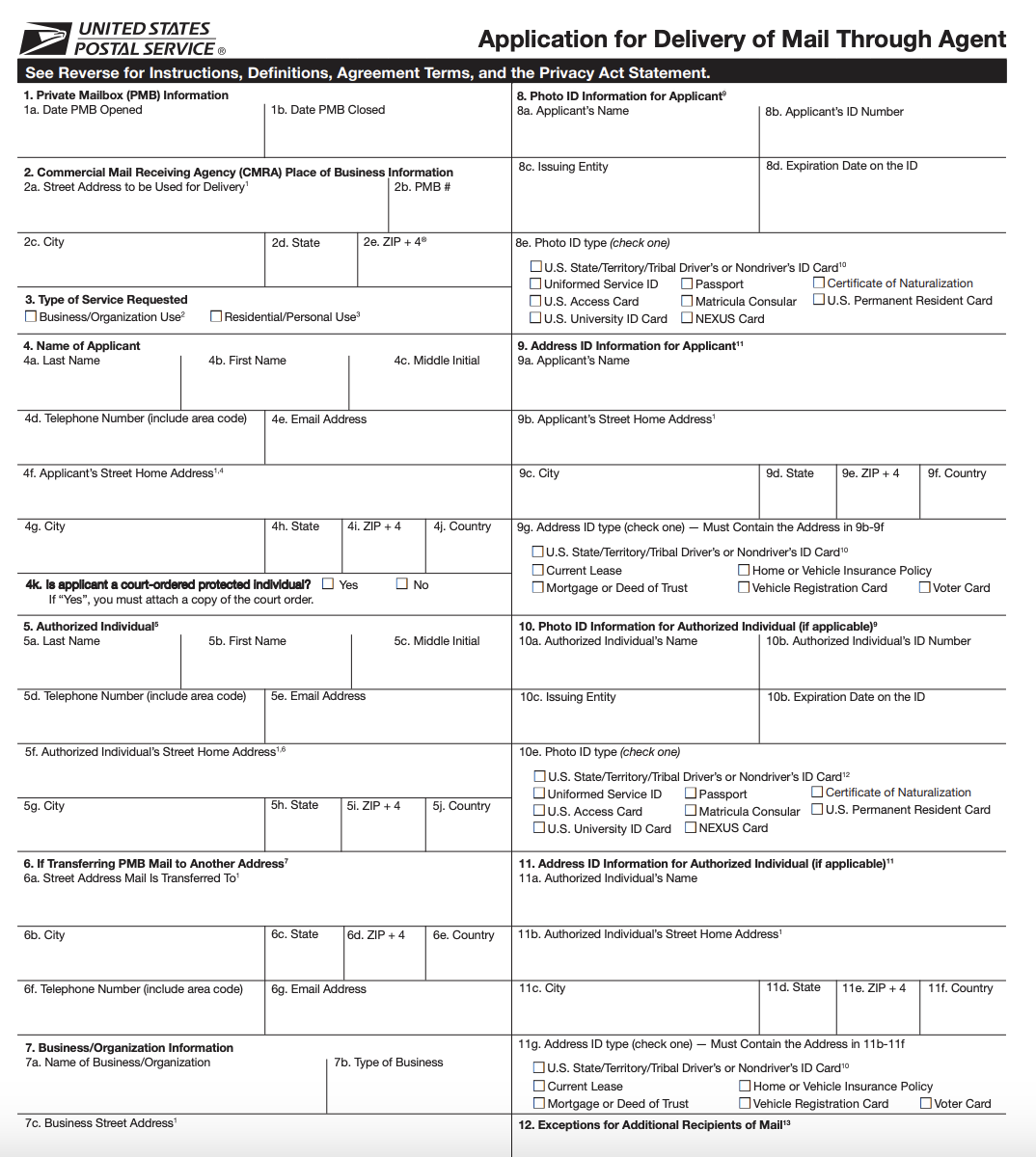 USPS PS Form 1583 – Application for Delivery of Mail Through Agent ...